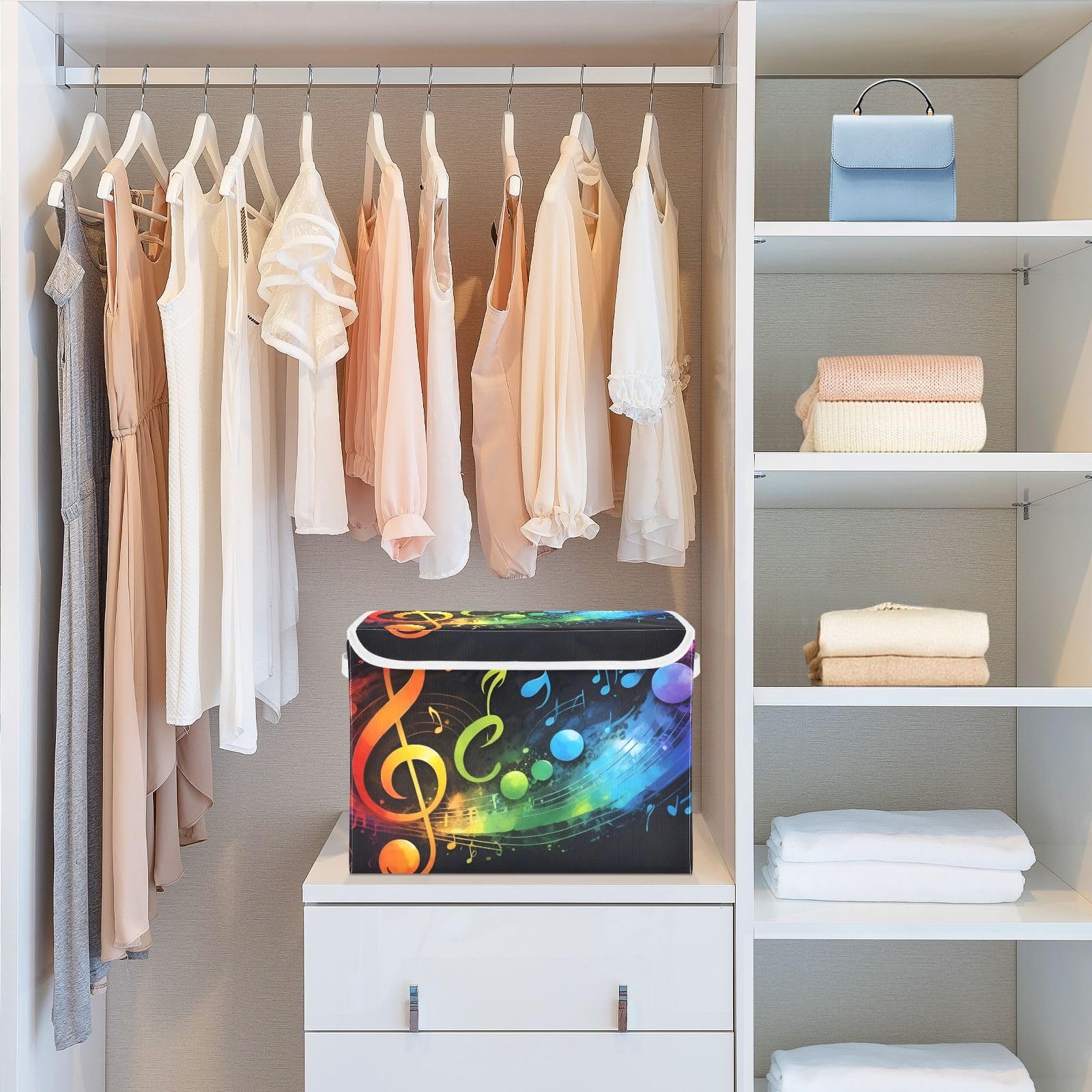 YMGQYJ Storage Cube with Lid Collapsible Rainbow Music Note Print, Large Capacity Foldable Storage Basket Bin Organizer 16.5×12.6×11.8 inches
