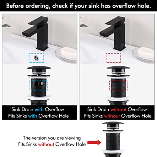 KES Bathroom Sink Drain Pop Up Drain Without Overflow, Vessel Sink Stopper Matte Black, All Metal Rustproof Brass and 304 Stainless Steel, S2008S62D-BK
