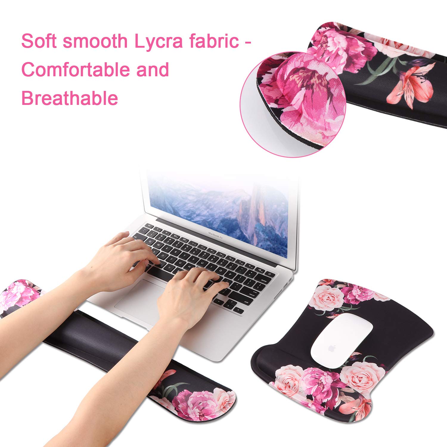 iLeadon Keyboard Wrist Rest Pad and Mouse Pad Wrist Support, Non Slip Rubber Base Mousepad Set, Mouse Wrist Rest with Ergonomic Raised Memory Foam for Easy Typing & Pain Relief, Adorable Peony Flower