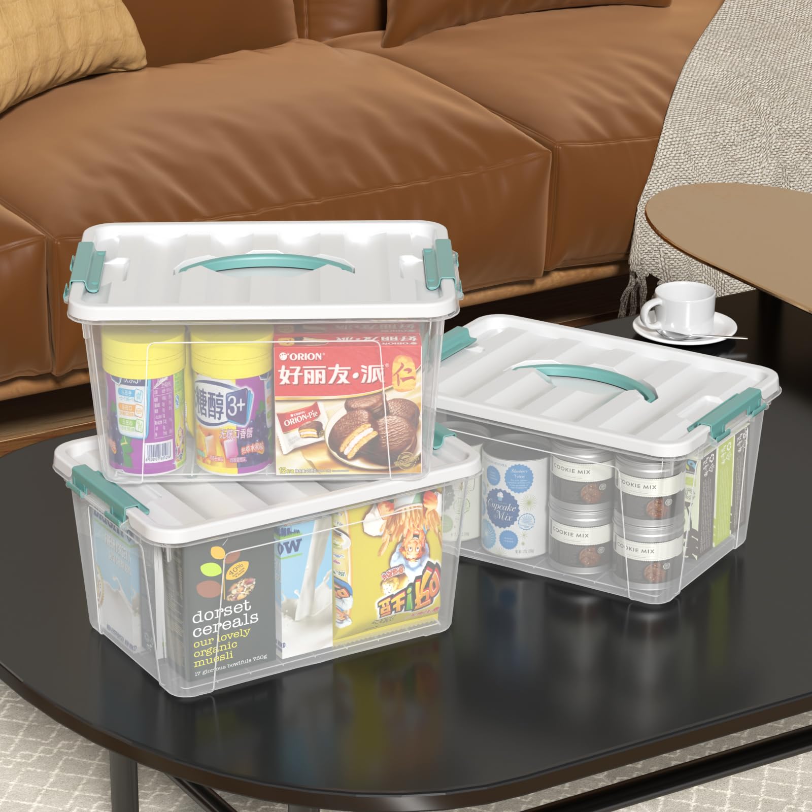 Uumitty 14 Quart Stackable Storage Bin with Latching Lid, Plastic Container Box to Organize Office, Crafts, Clear Base and White Lid, 8-Pack