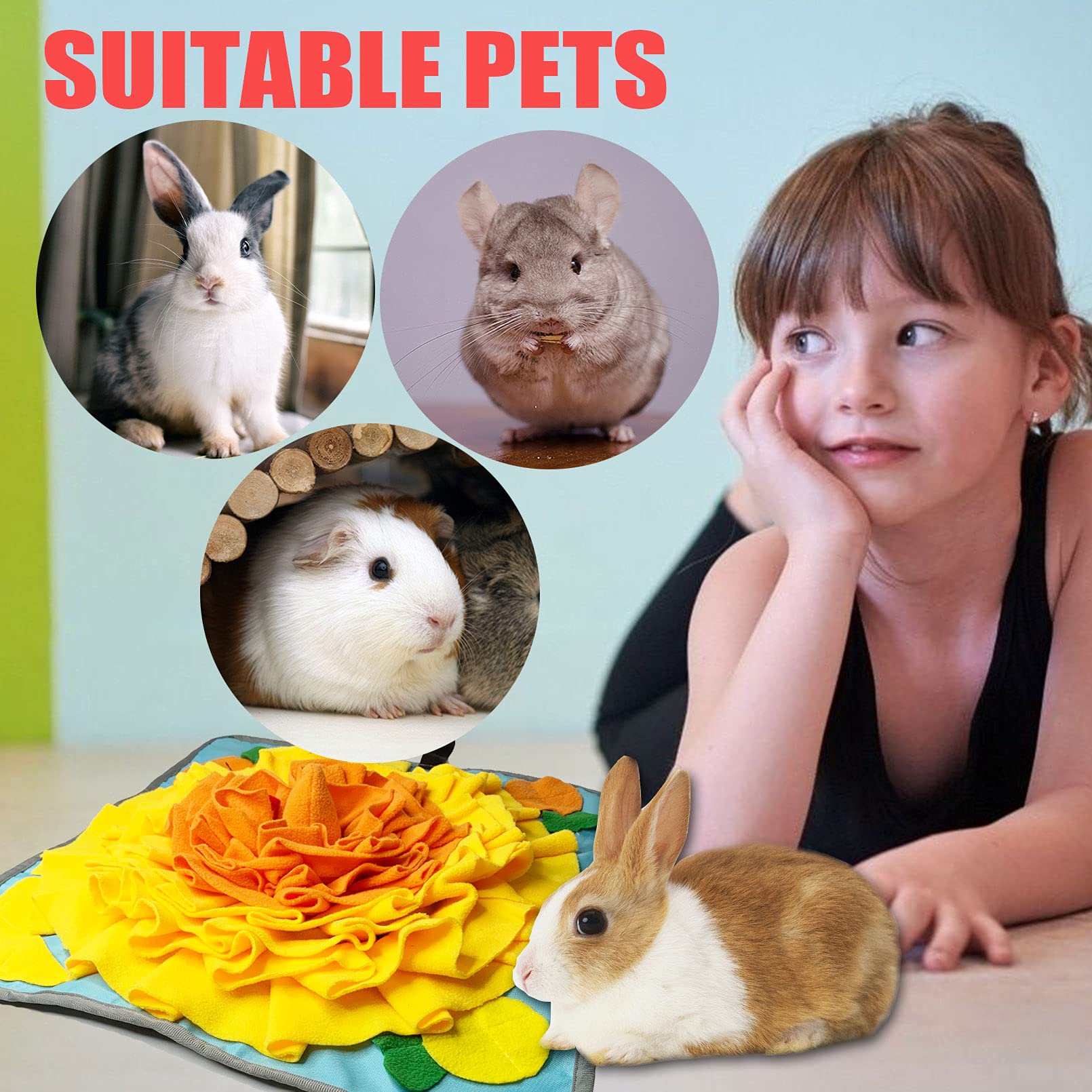 kathson Rabbit Foraging Mat with Fixable Handle 20" × 20" Washable Polar Fleece Pet Snuffle Pad Bunnies Nosework Training Treat Dispenser for Rabbits Bunny Guinea Pigs Chinchillas (Orange)