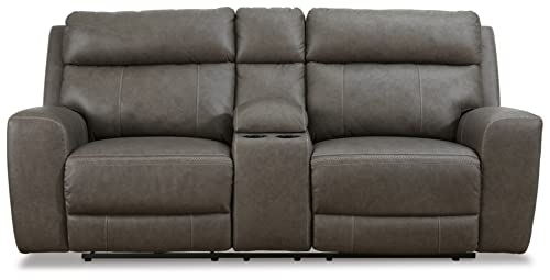 Signature Design by Ashley Roman Contemporary Tufted Leather Power Reclining Loveseat with Console and Adjustable Headrest, Gray
