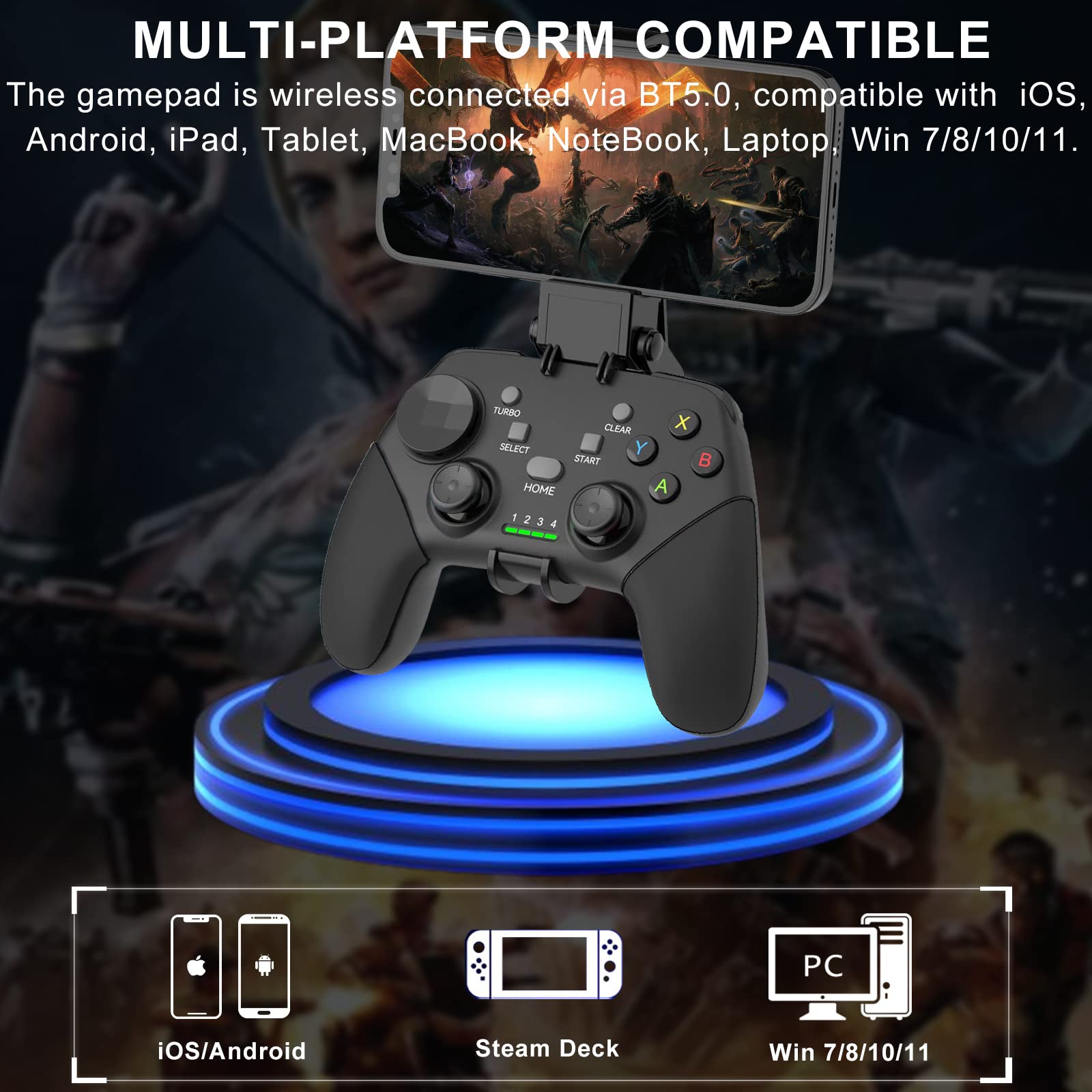 Mobile Gaming Controller, Wireless Controller for iPhone/iOS/Android/PC/Steam Deck Gamepad with Phone Holder, Turbo, Joystick for iPhone 14/13/12/iPad/MacBook/Samsung/Tablet, Call of Duty, Apex, Black