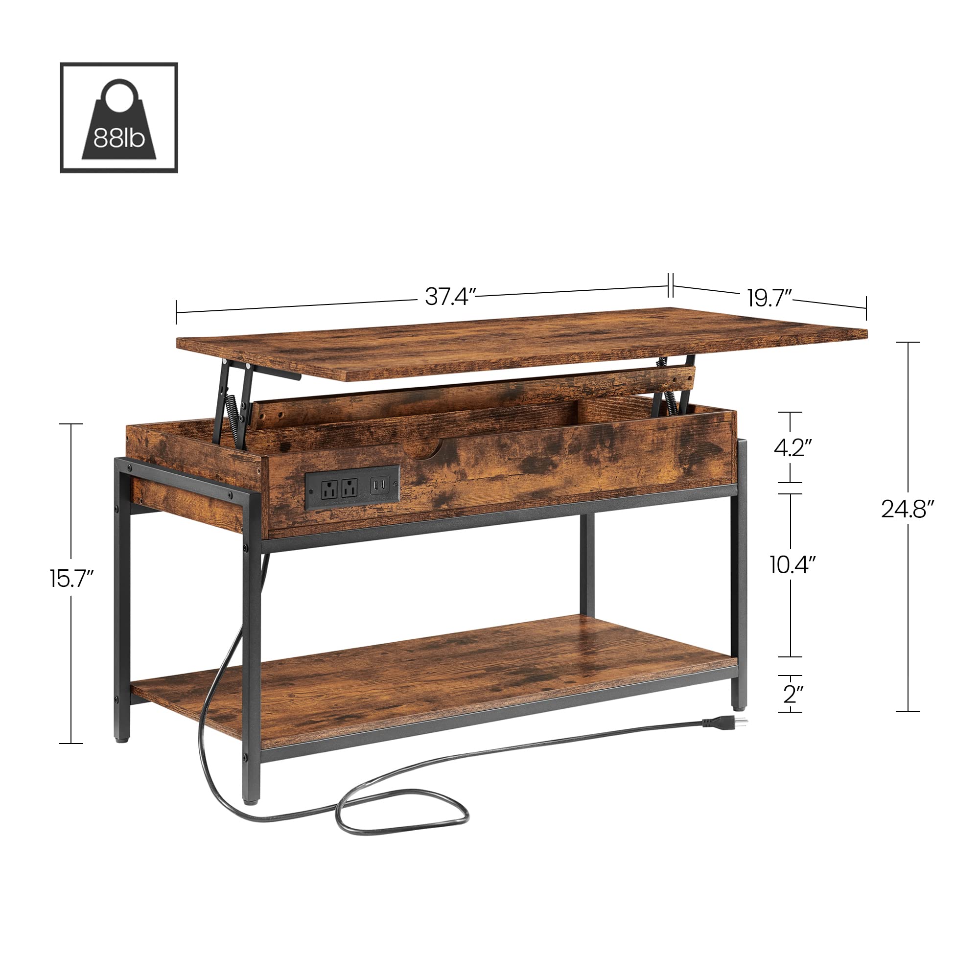 Hzuaneri Lift Top Coffee Table - with Charging Station, Modern Coffee Table with Hidden Compartment and Open Shelf, Metal Frame, for Living Room, Office Reception, Rustic Brown and Black 01701BCT
