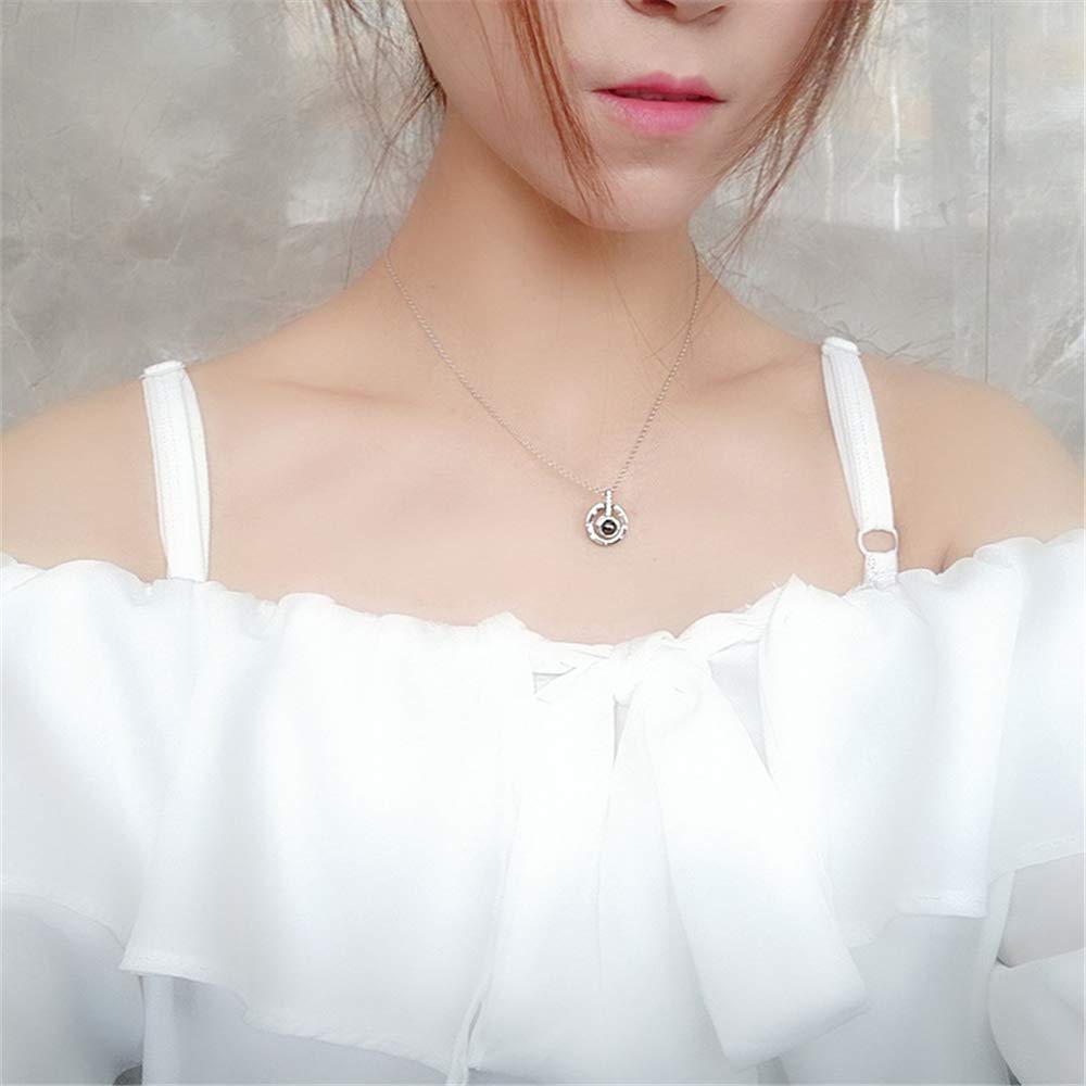 Inf-way I Love You Necklace, 100 Languages Projection on Round Onyx Pendant Loving Memory Collarbone Necklace 1 Pcs (Silver)