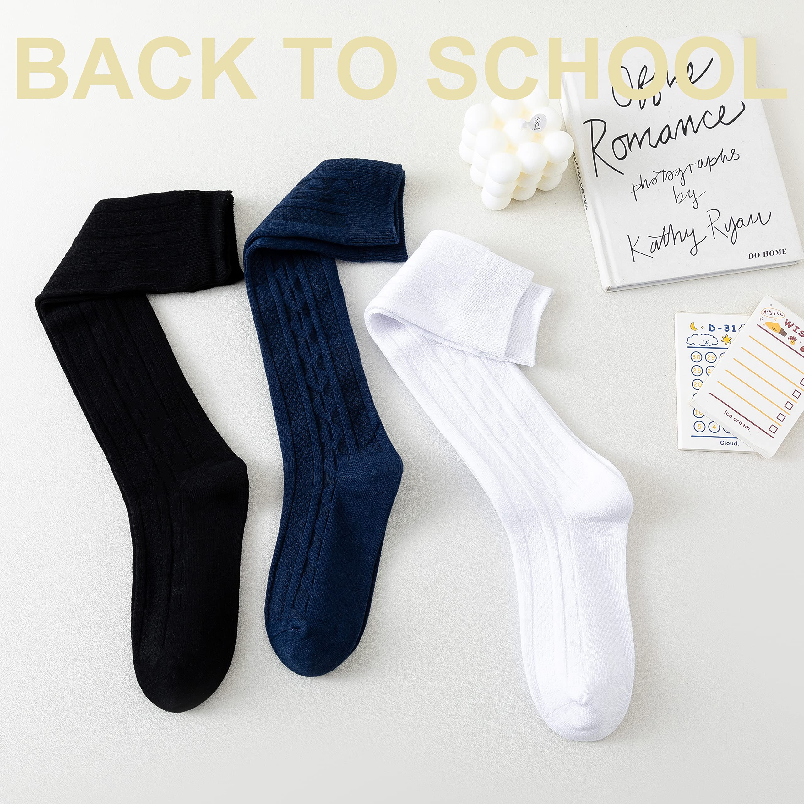 Marchare Girls Knee High Socks Kids School Uniform Seamless Cable Knit Cotton Stockings White/Black/Navy 3 Pack 5-7 Years