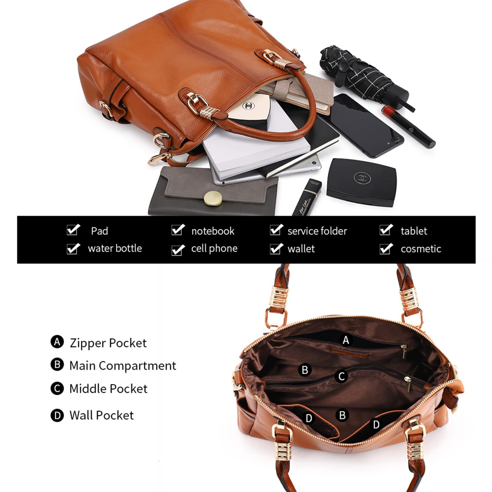 Kattee Women's Vintage Genuine Leather Tote Handbag Purse Crossbody Satchel Bag Soft Leather Shoulder Bag (Brown)
