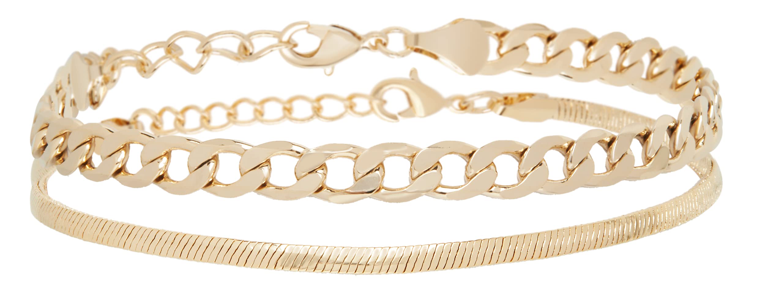 Nautica 14K Gold Plated Brass Anklet - Double Row Layered Chain Anklet for Women, Curb/Snake