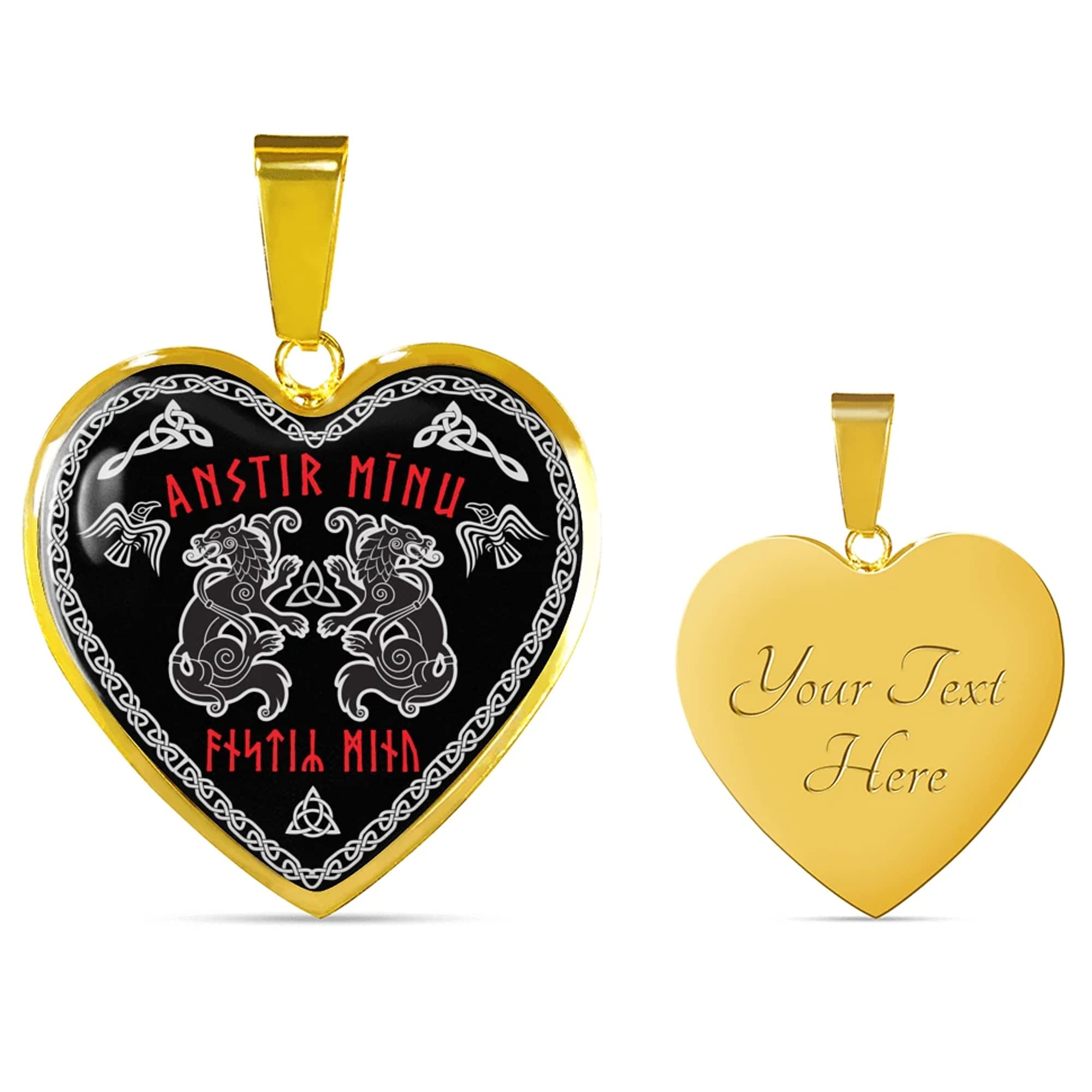 My Love Nordic Elder Viking Runes Wolf Necklace Norse Pagan Wolves Pendant Gift (18k Gold Finish + engraving)