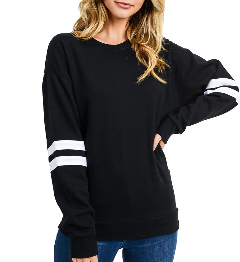 Kevmids Women's Long Sleeve Crew Neck Striped Color Block Casual Loose Knitted Pullover Tops Black X-Large