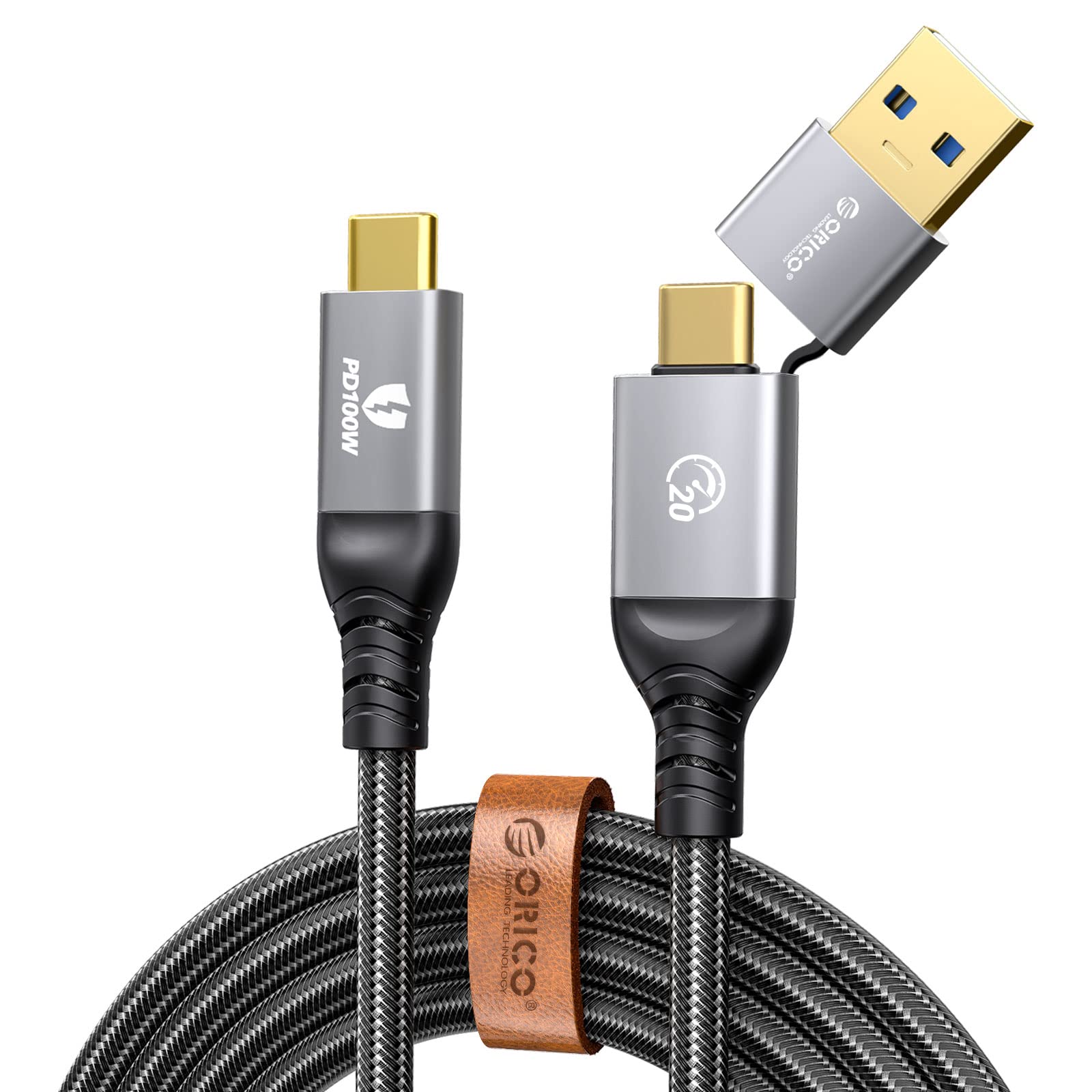 ORICO USB C to USB C 3.2 Gen 2 Cable 20Gbps Data Transfer, 2 in 1 USB C Cable 4K Output, 100W PD Fast Charging with Strap for Thunderbolt 3, MacBook, iPad Pro, Oculus Quest, Switch 3.3FT