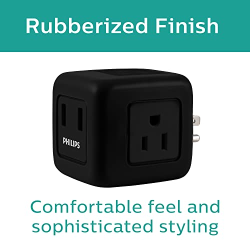 Philips 3-Outlet Extender with 2-USB Port Surge Protector, Charging Station, 245 Joules, Grounded Wall Tap, 3-Prong, 2.4 AMP/12 Watt, Space Saving Design, Black, SPP3202BC/37
