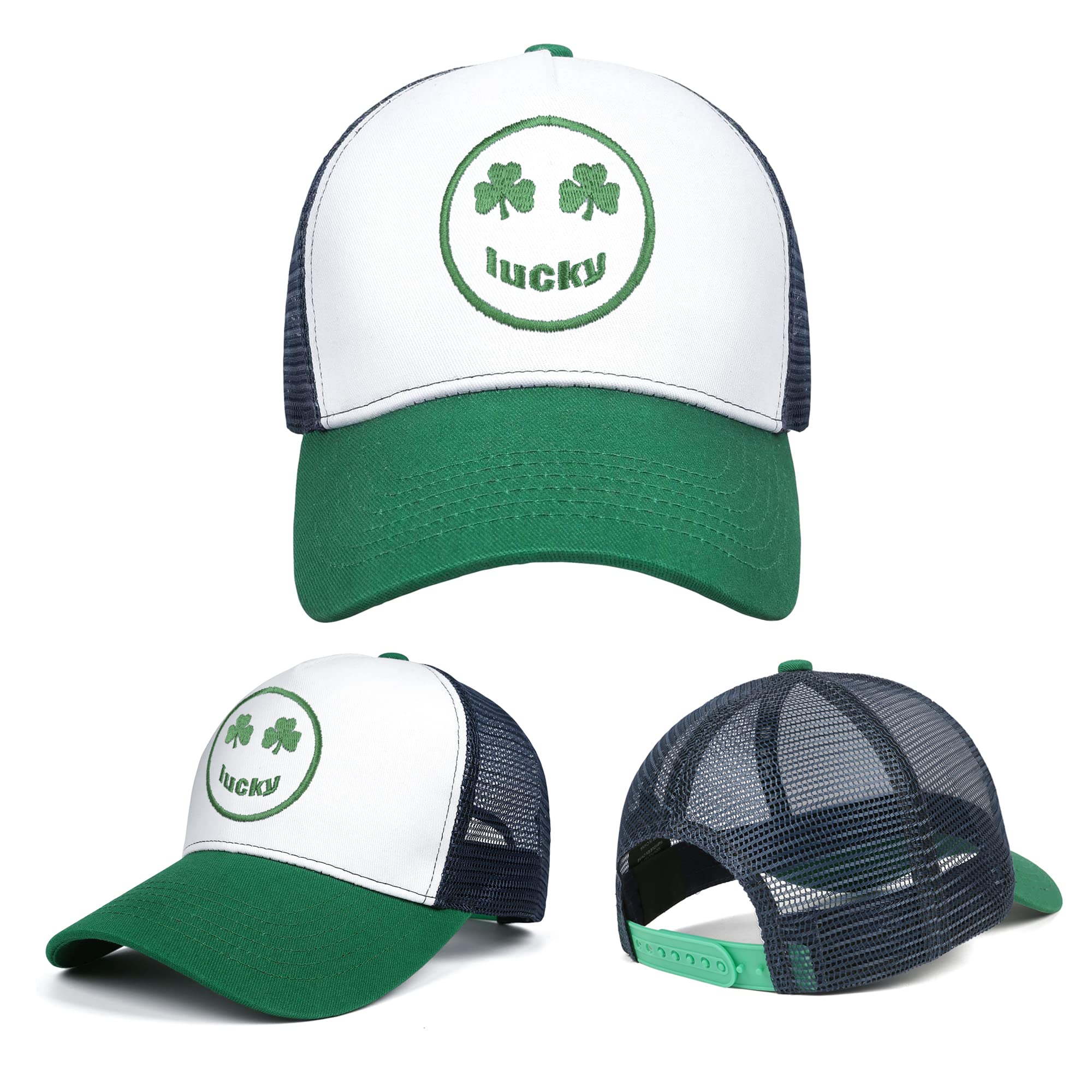 Lucky St Patricks Day Hat for Men Women White Green Shamrock Baseball Cap Adjustable Four-Leaf Clover Dad Hat