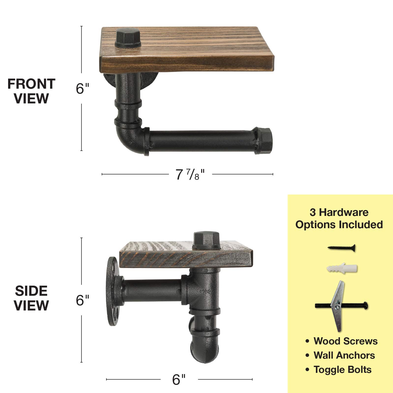 Industrial Toilet Paper Holder with Rustic Wooden Shelf and Cast Iron Pipe