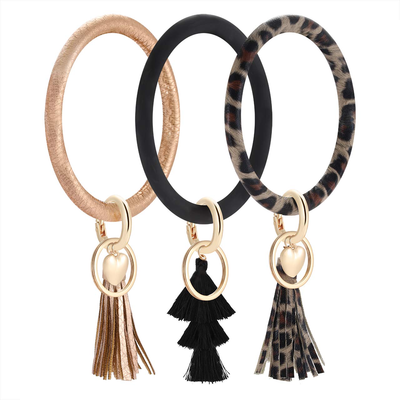 HZEYN Wristlet Bangle Key Ring Bracelet for Women Leather Keyring Bracelet Key Chains with Tassel Wristlet Bangles(Leopard Black Rose gold style)