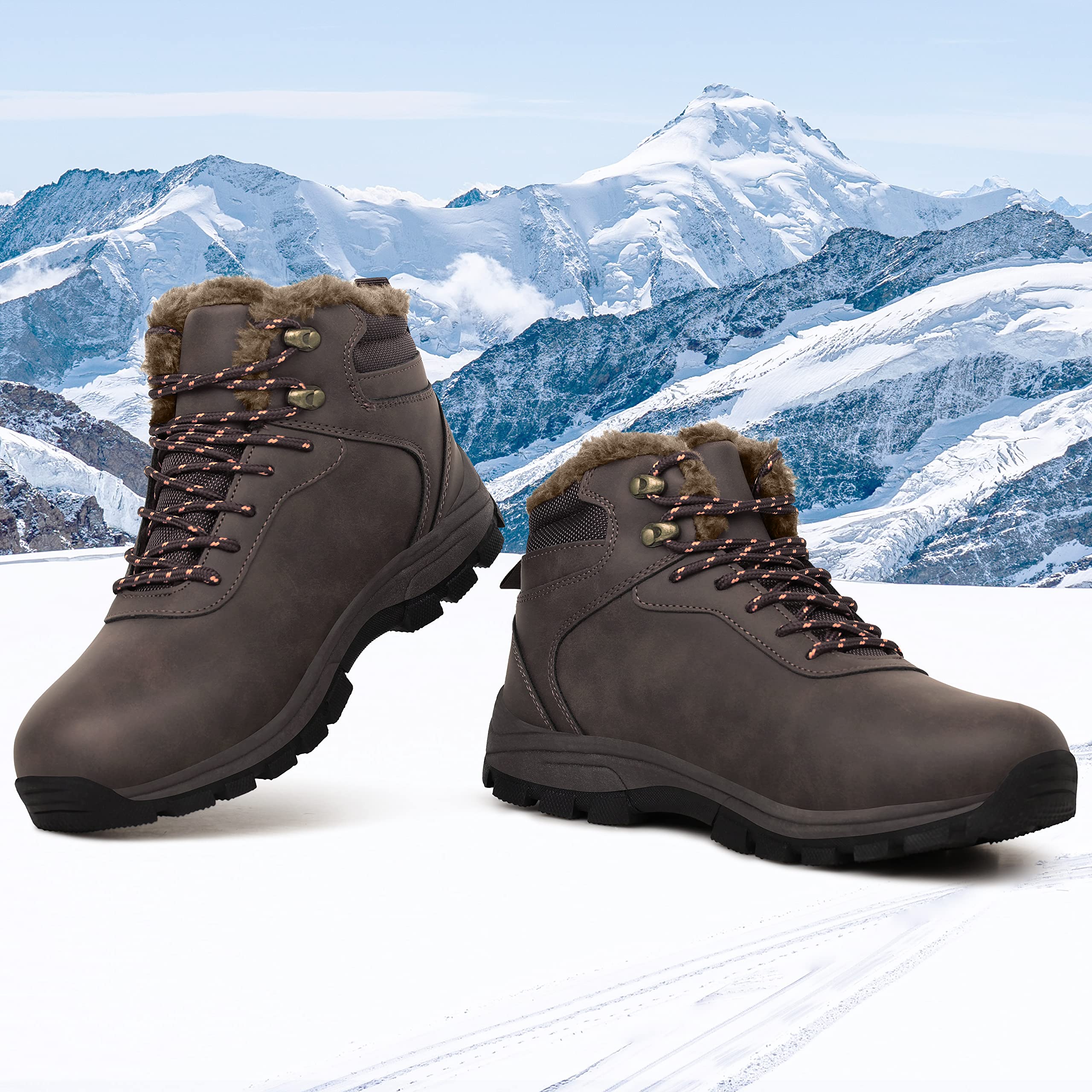 Men's Snow boots Winter Water-Resistant Hiking Boot Warm Lined Backpacking Boots Non Slip Outdoor Shoes,Brown Size7.5