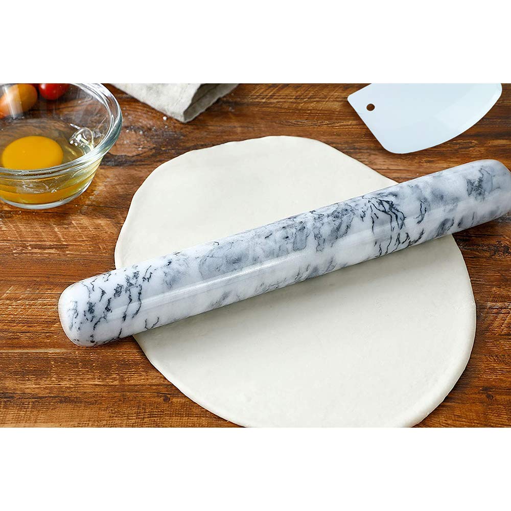Marble Rolling Pin with Wood Cradle 12 Inch Black, Non-Stick Dough Roller Professional Essential Kitchen Utensil French Heavy Duty for Baking, Pizza, Fondant, Pie Crust, Cookie, Pastry