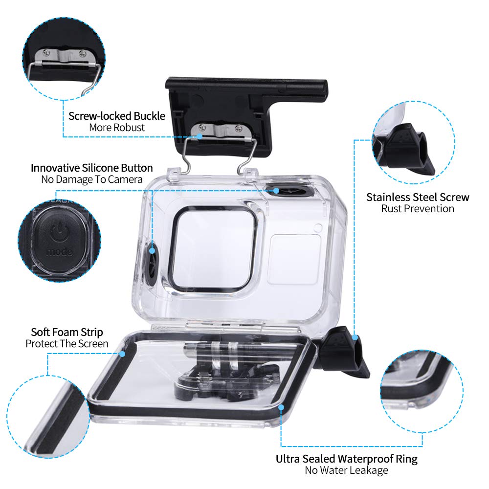 LARRITS 60M Waterproof Housing Case for GoPro Hero 8 Black,Underwater Protective Case with 24pcs Anti-Fog Inserts, for Diving Snorkelling Extreme Activities,