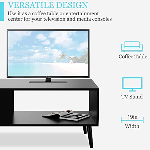 Yusong Modern Wood Coffee Table for Living Room, Retro Mid-Century Center Tables Cocktail Table with Storage Shelf for Reception, Black