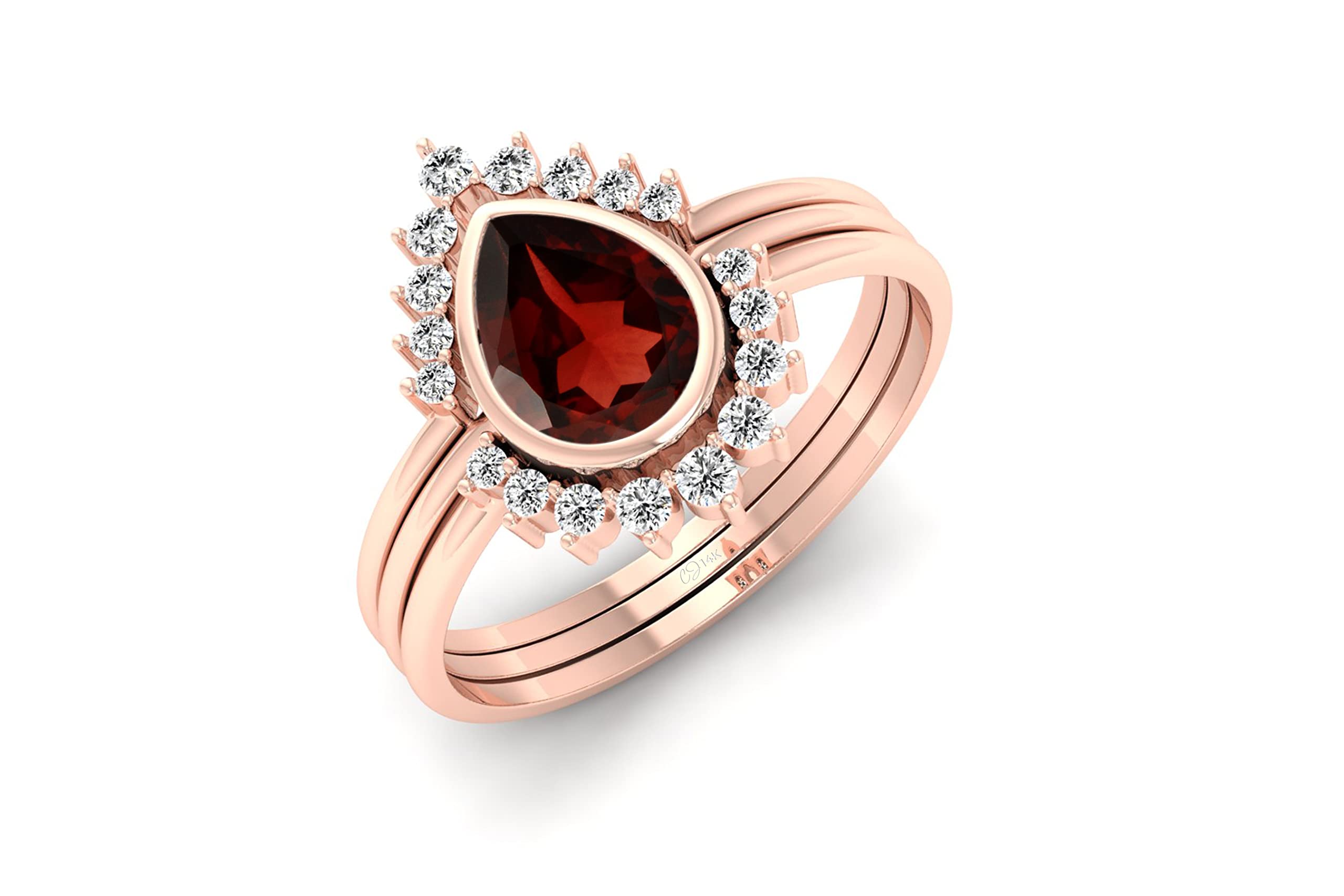mirahi by chordia jewels Bridal Sets Wedding Rings, Solitaire Teardrop Garnet Engagement Ring, Diamond Stackable Ring 14K Rose Gold
