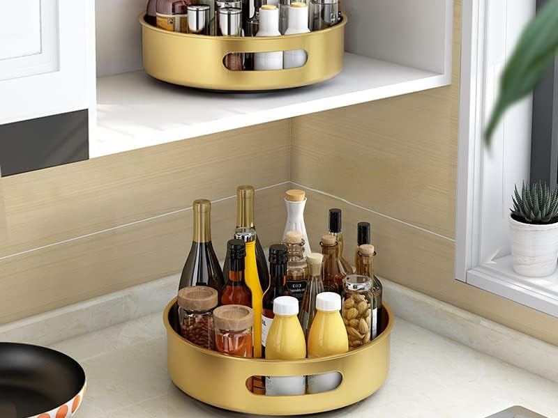 Lazy Susan Turntable Organizer, Fashion Round Rotating Turntable Organization Makeup Spice Perfume Organizer for Cabinet Pantry Kitchen Countertop Refrigerator Bedroom Dresser Cupboard (Gold)