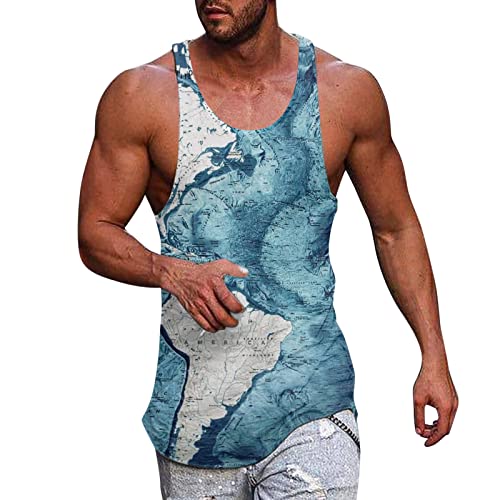 Mock Neck Knit Top Mens Summer Surf Beach Tank Top Large Size Casual Breathable Sleeveless Top Loose Full Print Tank Top Blue