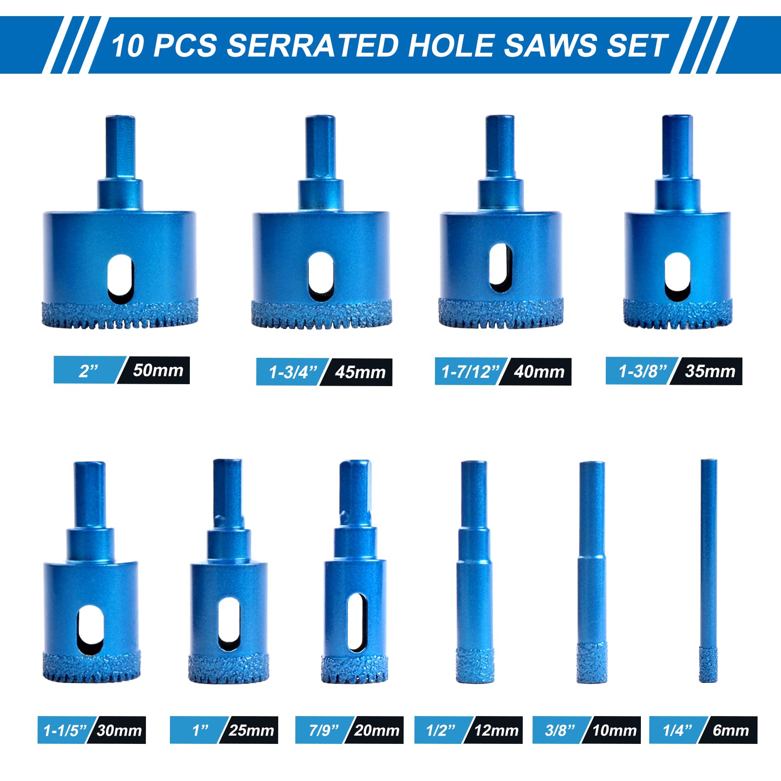 MARSBASE Diamond Hole Saw Kit, 10 PCS Serrated Brazing Tile Core Drill Bits Sets with EVA Mould for Hole Saw Guide Jig Hollow Drill Hole Saw to Ceramic, Glass, Tile, Gypsum, Wood, Marble, Granite
