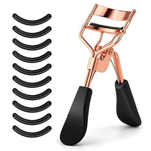 Sibba Professional Eyelash Curler, Lash Curler with 10 Extra Silicone Replacement Pads for Women Girls No Pinching or Pulling Fit All Eye Shapes (Gold)