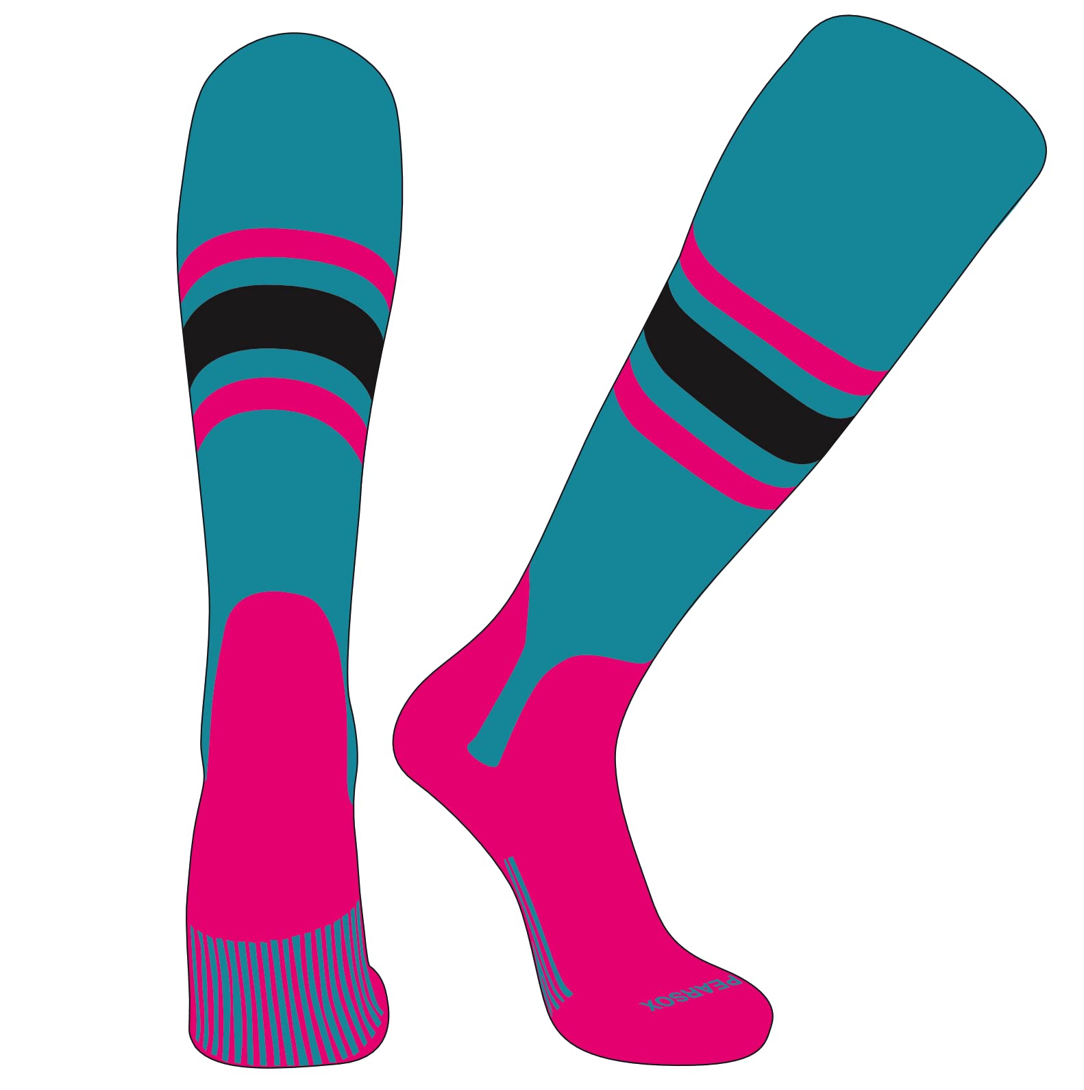PEARSOX Elite Baseball Knee High Stirrup Socks (E, 5in) Marlin Teal, Hot Pink, Black, Hot Pink (M)