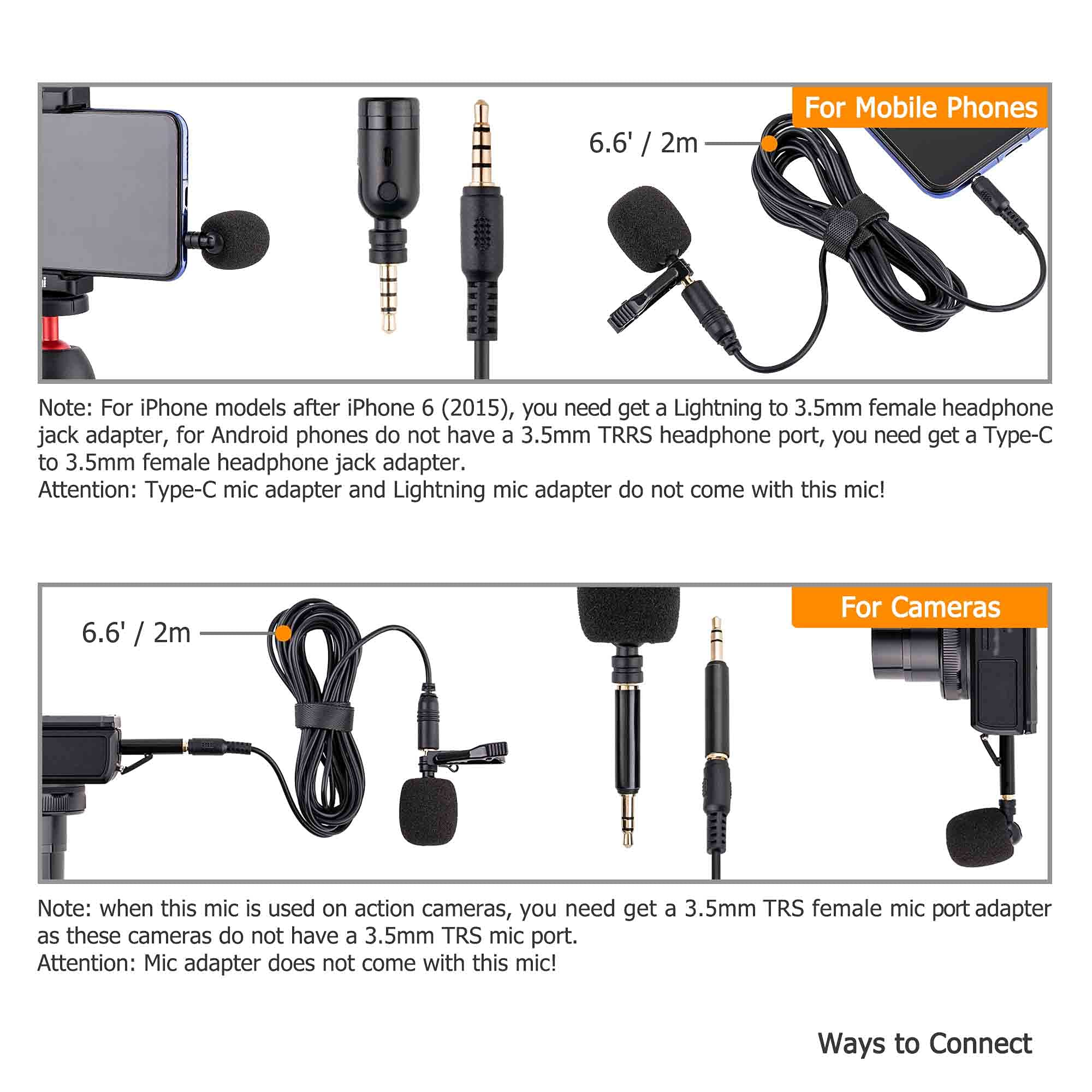 Lavalier Lapel Microphone with 3.5mm TRRS to 3.5mm TRS Jack, 6.6ft Uni-directional Condenser Mic for Live Streaming, Video Shooting, Zoom Meeting, Collar Clip on Mic for Smartphone, Laptop & Cameras