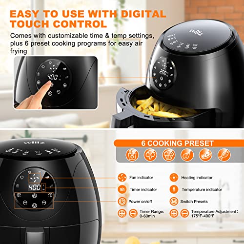 Willz Digital Air Fryer with 6 Pre-Set Cooking Programs & Precise Temperature Control, Non-Stick Basket and Dishwasher-Safe, 60 Minutes Timer, 3.5 Qt, Black