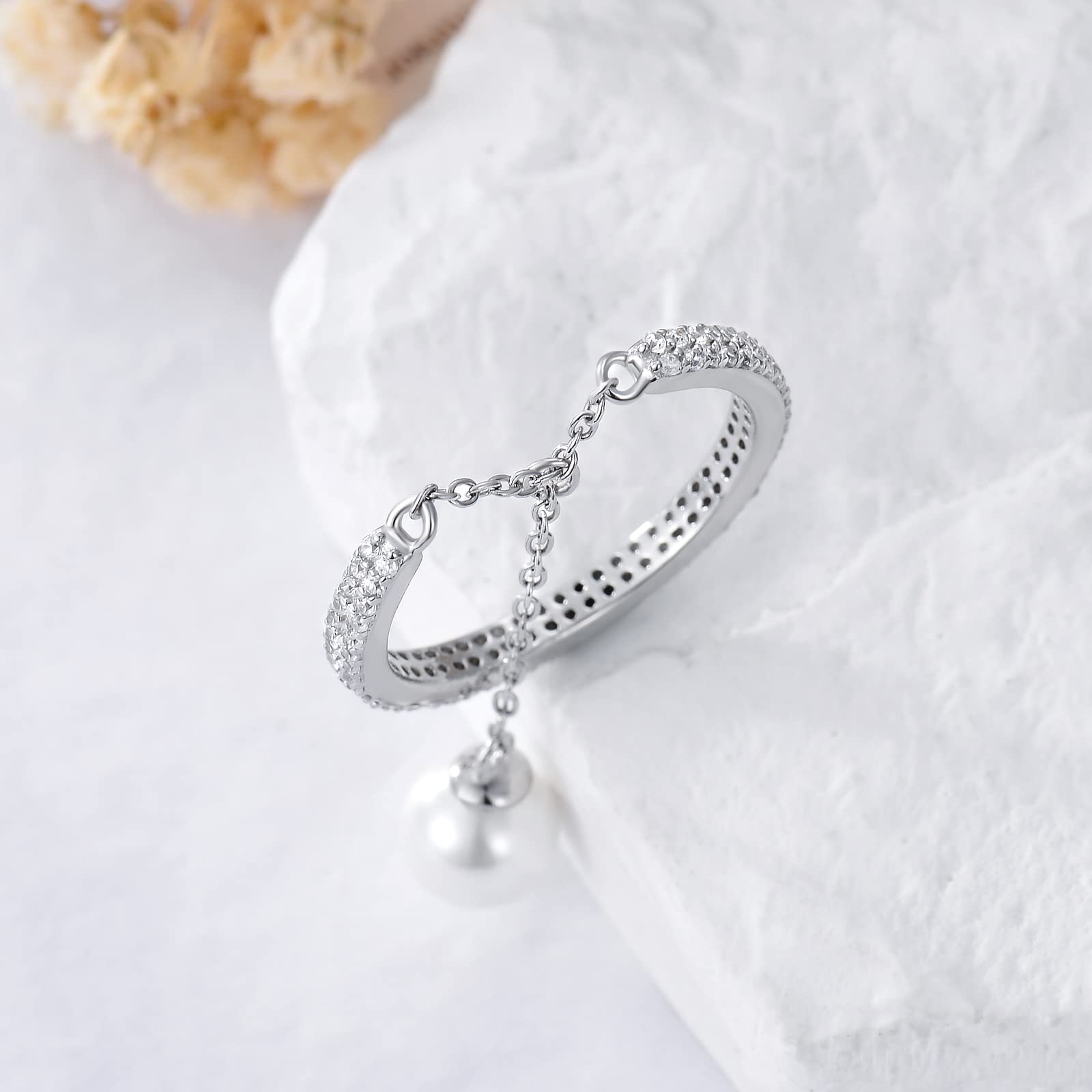 PEIMKO Cubic Zirconia Ring 925 Sterling Silver Freshwater Pearl Stackable Ring Wedding Jewelry Gifts for Women Lover