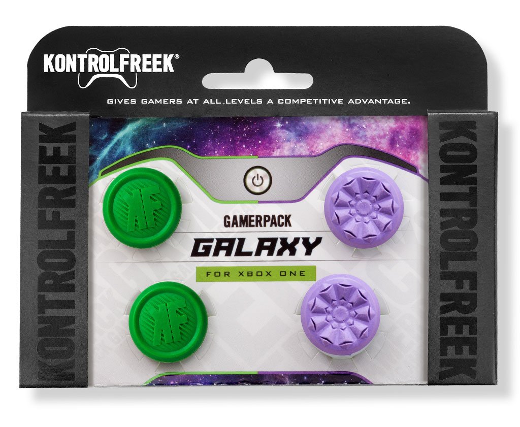 KontrolFreek GamerPack Galaxy for Xbox One Controller | Performance Thumbsticks | 1 High-Rise, 3 Mid-Rise | Purple/Green