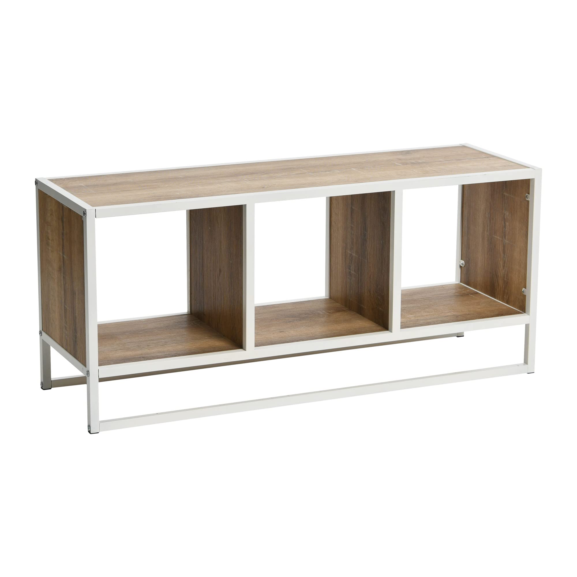 Household Essentials Jamestown TV Stand Coffee Table with Square Cube Storage Compartments Coastal Oak Rustic Wood Grain and White Metal