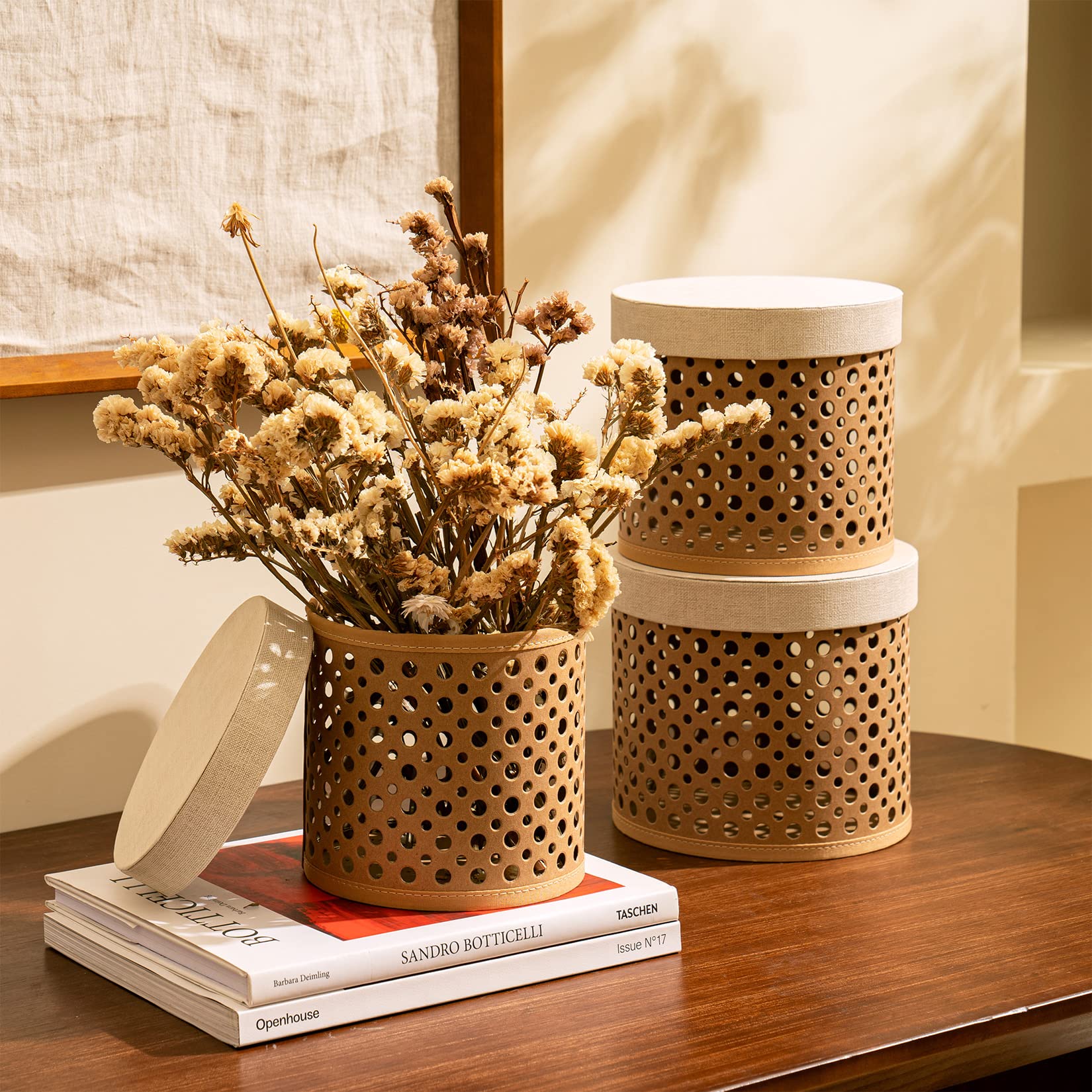 LA JOLIE MUSE Decorative Round Storage Boxes Set of 3, Polka Dot Cutout Baskets with Lids, Desktop Storage Organizer, Gift Baskets with Linen Paper Lids, Brown Baskets, Beige Lids