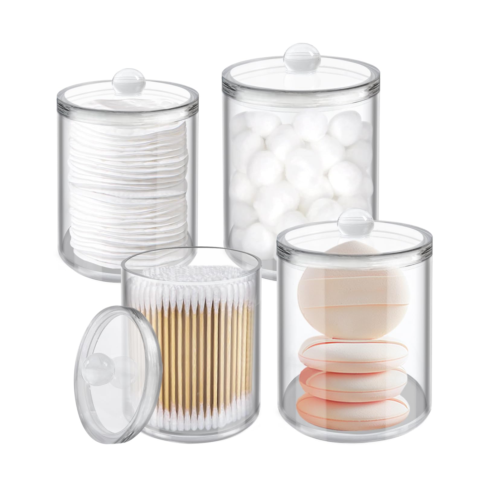 YOLCAR 4 Pack Cotton Swab Holder, Clear Acrylic Jars with Lid for Cotton Swabs, Cotton Balls, Home Decor, Bathroom Storage and Organization, Vanity Makeup Storage Organizer, 10oz and 12oz