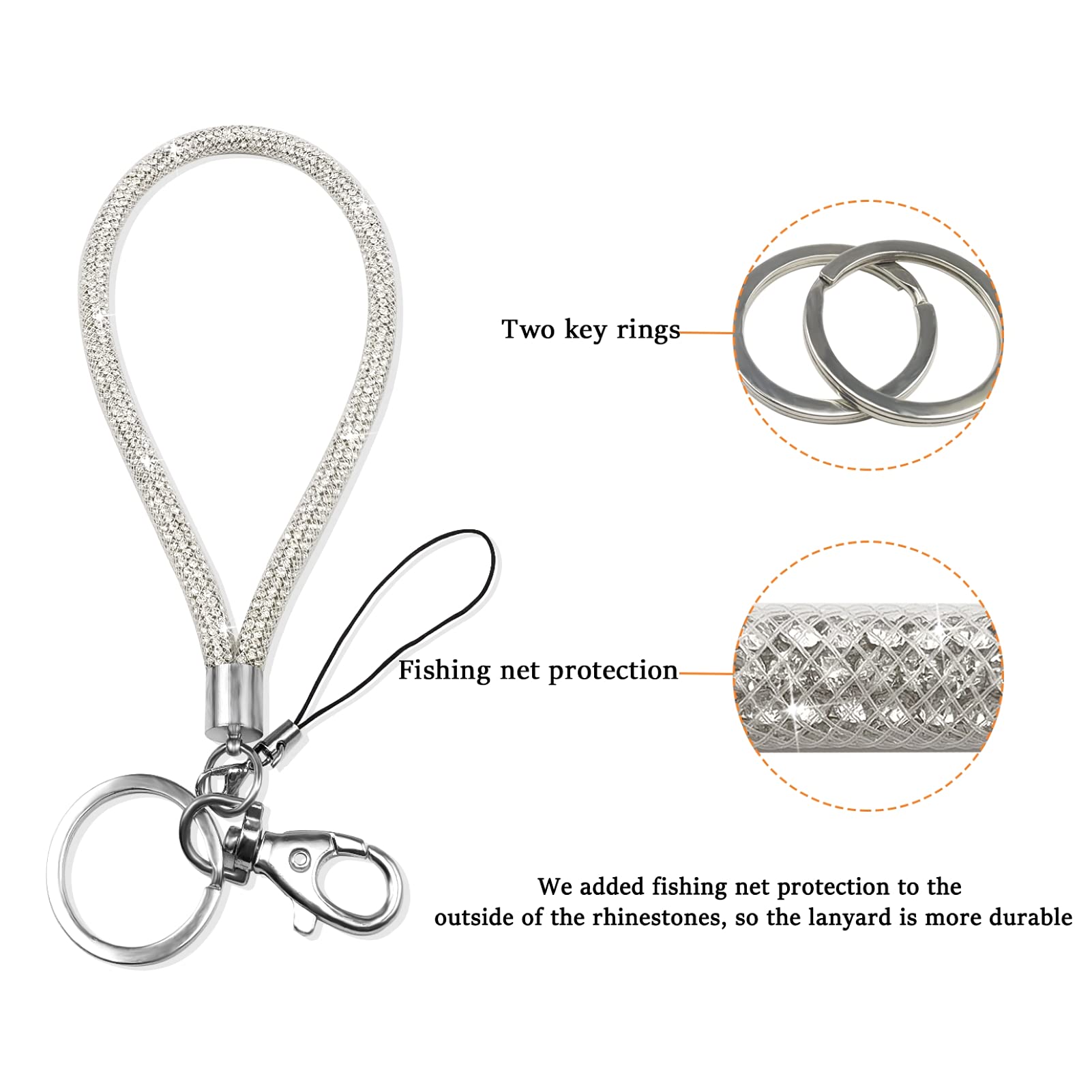 ONLYESH Wristlet Lanyard Keychains for Women, Bling Lanyard for Keys, Cute Keychain Holder (White)