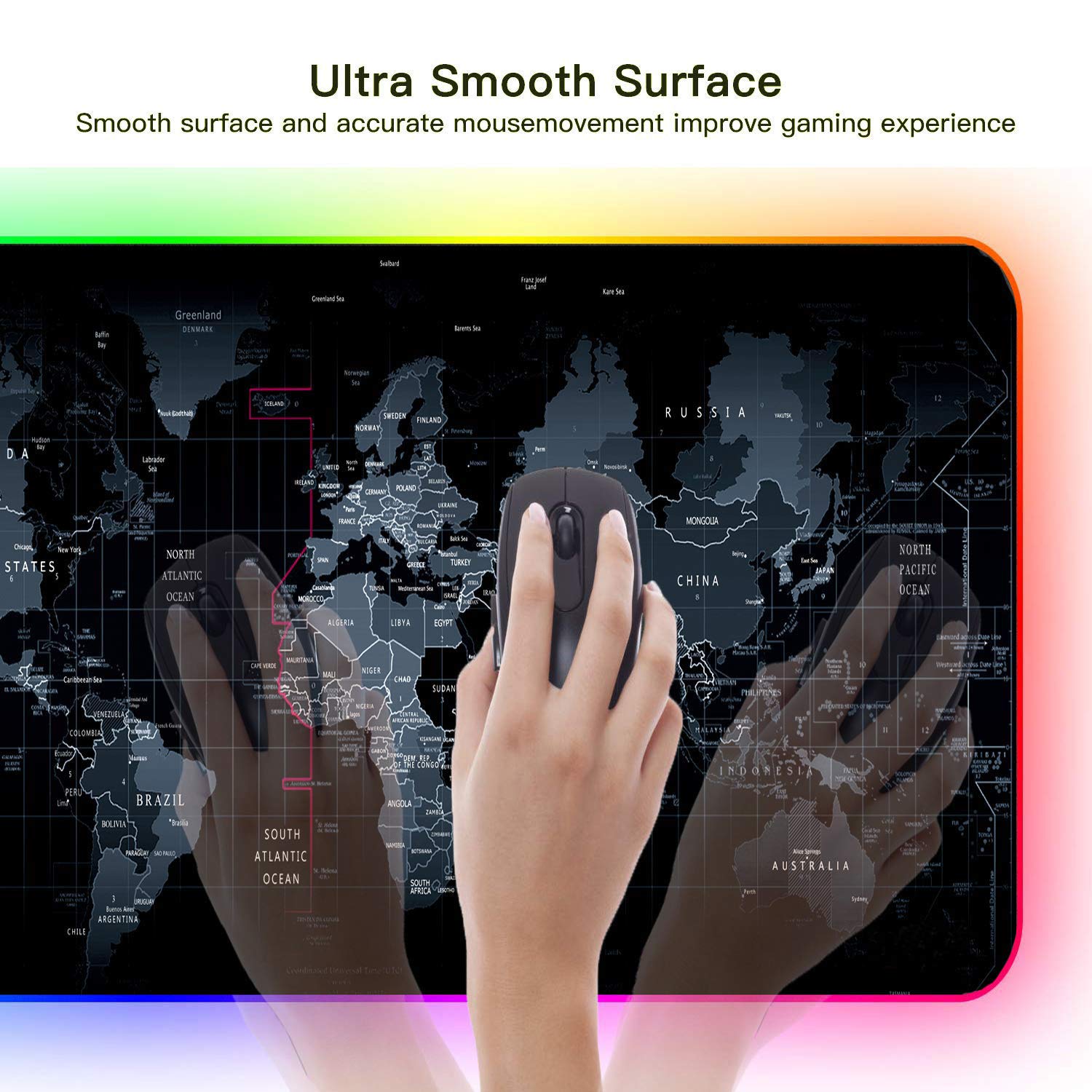 LED World Map Gaming Mouse Pad|Extended RGB Gaming Mouse Mat|LED Animated Mouse Pad w/Waterproof Surface-Anti-Slip Base-10 Colors& 4 Modes-31.5x11.8X 0.16(World Map)