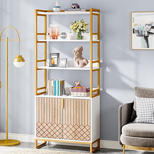 Tribesigns Gold Bookshelf with Doors, 70.8 Inch Tall Modern Etagere Bookcase with Storage Cabinet, 4 Tier Book Shelves Open Display Shelf for Living Room, Bedroom, Home Office(White)