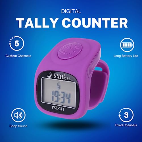 PHONEX Tally Counter Clicker : Multi-Channel Digital Finger Counter Tasbih with LED, Beep Sound, Time Clock & Reset Button - Premium Quality Dhikr Counter & Tasbeeh Counter (Purple)