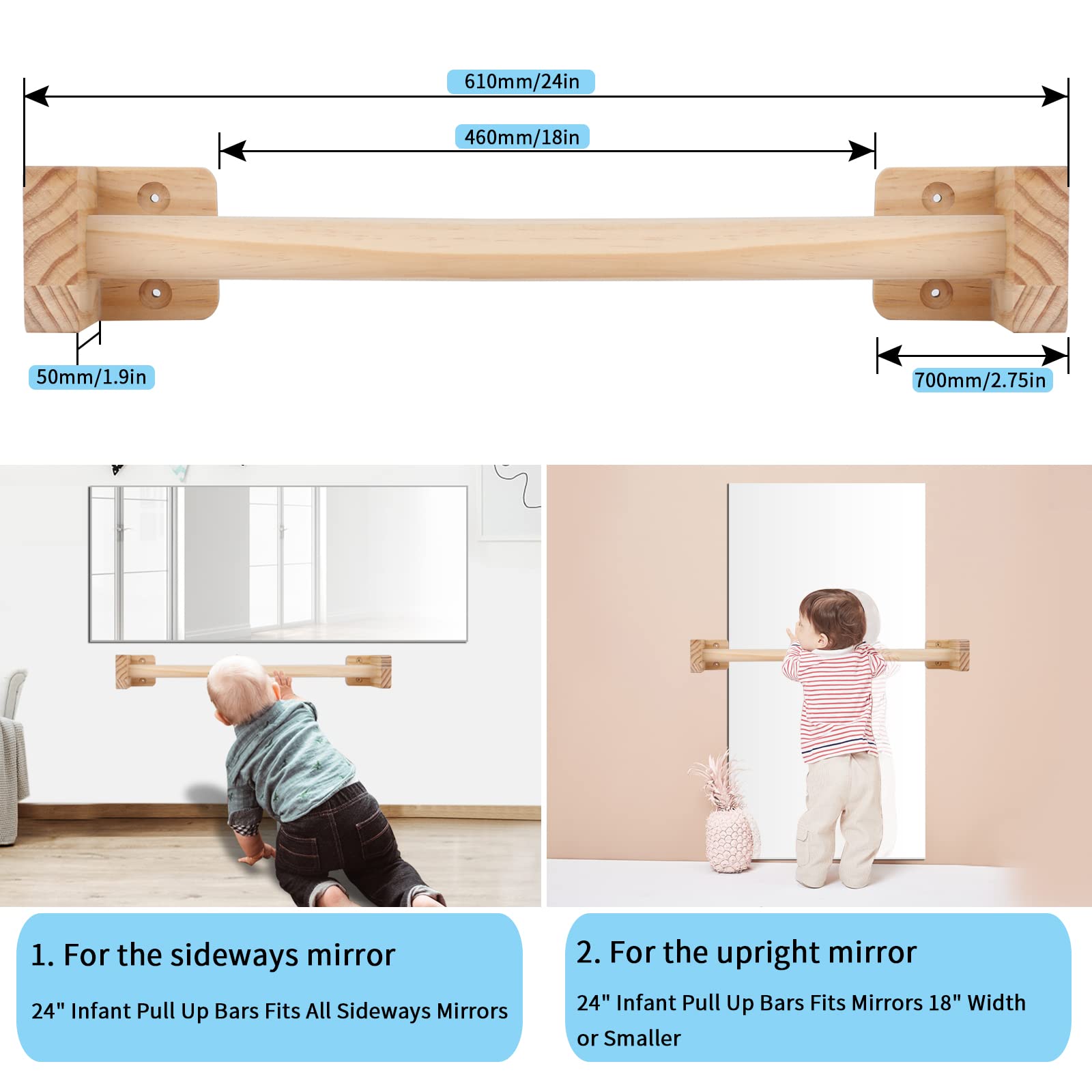 Montessori Wooden Pull Up Bar for Infants, 24 Inch Adjustable Infant Pull Up Bar Help Babies Exercise Balance and Coordination