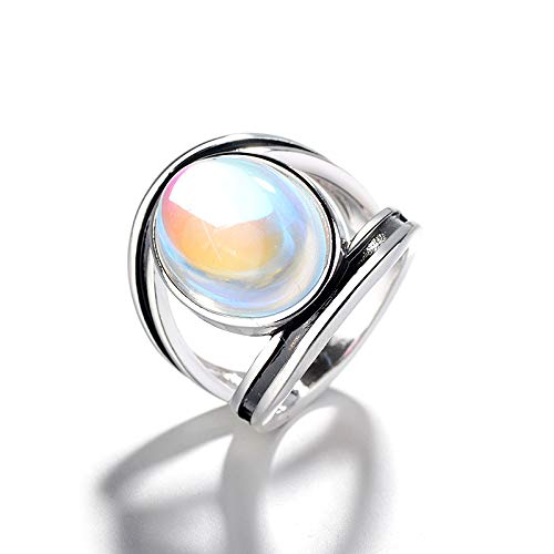 Kuyiuif Vintage Silver Ring Sterling Silver Moon Moonstone Ring for Women Gemstone Boho Jewelry Wedding Bridal Ring (US 9)