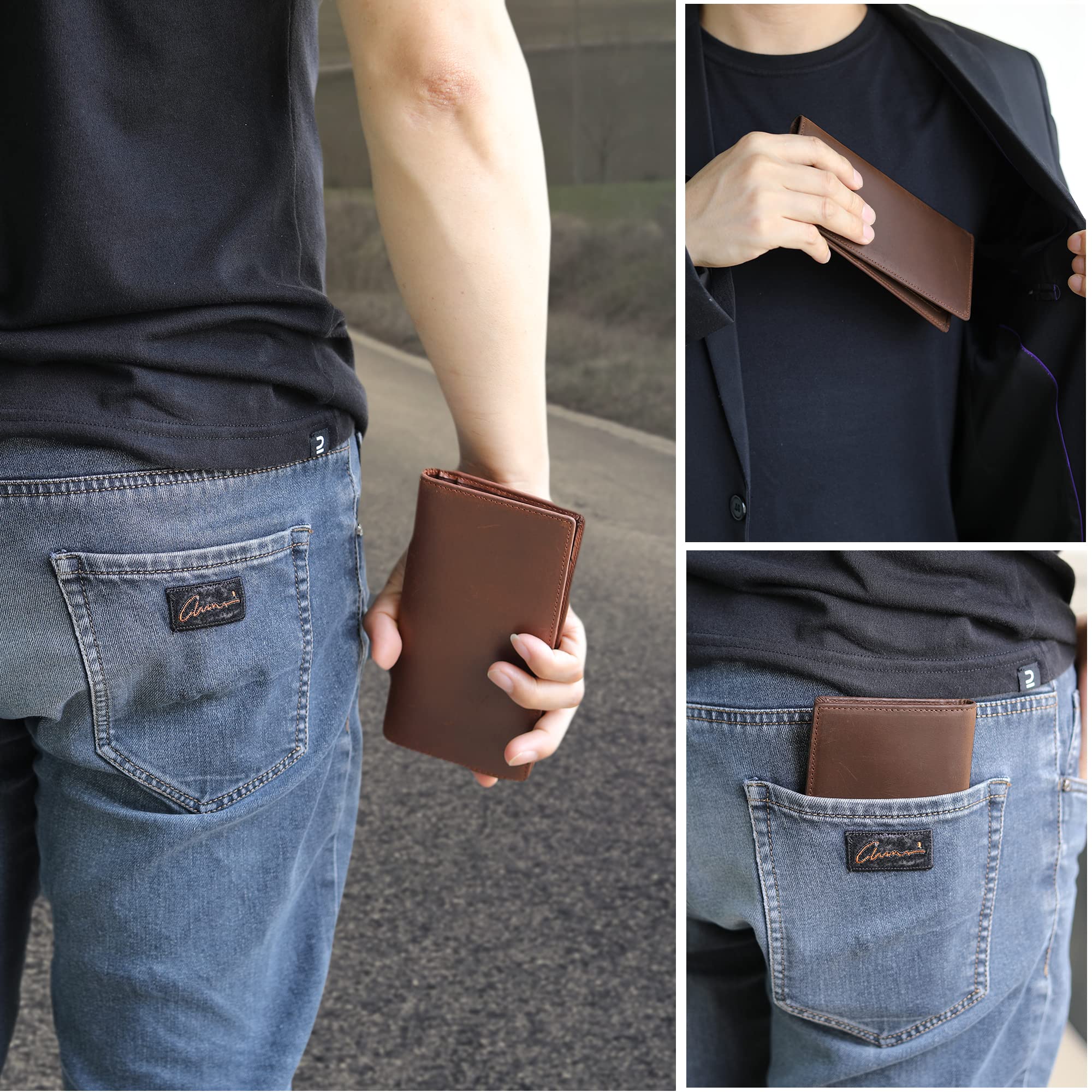 NopoWalli Long Wallets for Men, Genuine Leather Long Bifold Wallet Checkbook Wallets, Western Rodeo Wallet For Men, RFID Blocking Leather Construction