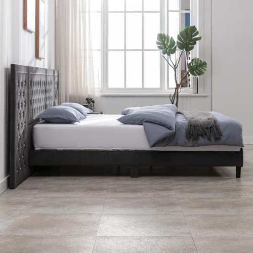 ZAFLY Upholstered California King Size Bed Frame with Oversized Crystal Button Tufted Headboard,Velvet Platform Damazy Eastern Bed,Wooden Slats Support,No Box Spring Needed,Easy Assembly,Dark Grey