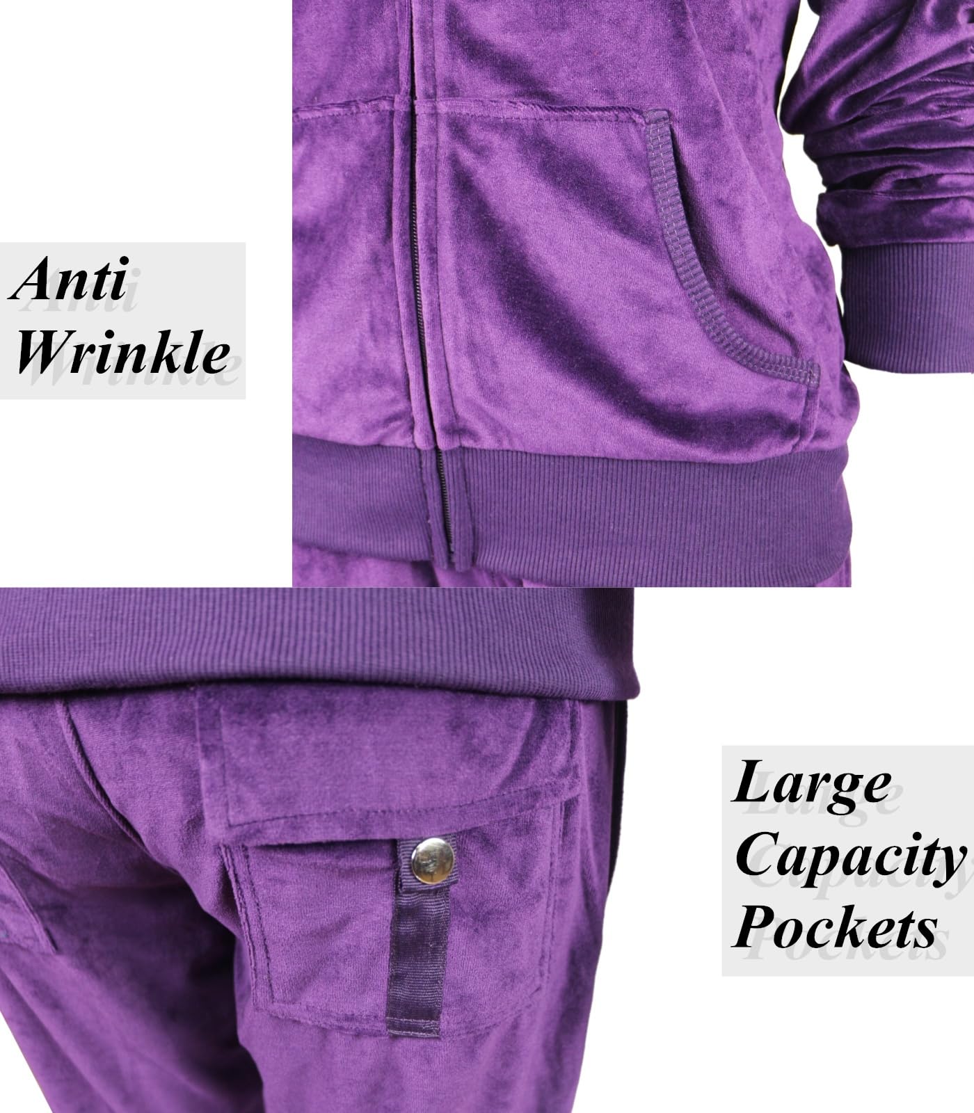 LeeHanTon Women Jogging Suits Sets Velour Outfit Athletic Zip Up Hoodie and Sweatpants Solid Workout 2 Pieces Tracksuit Purple M
