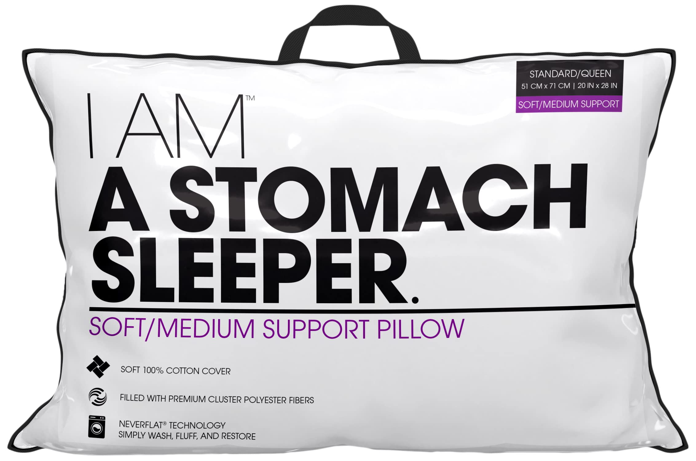 I AM A Stomach Sleeper Pillow, Jumbo: 20"x28" and King: 20"x36", White