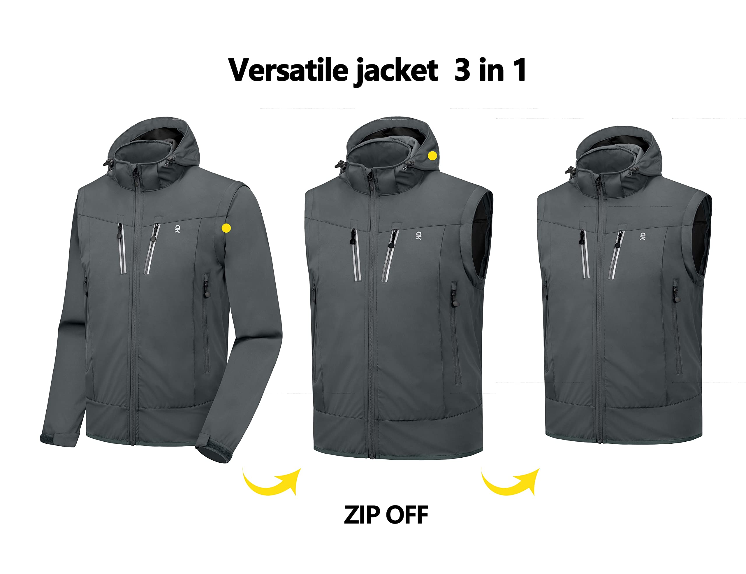 Little Donkey Andy Men's Lightweight Softshell Jackets with Detachable Hood and Sleeves Grey Large