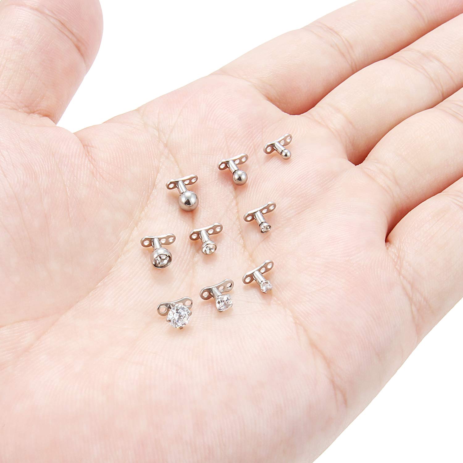 Lcolyoli 9Pcs Medical Grade G23 Titanium Dermal Anchor Tops with Cubic Zirconia Base Microdermals Piercing Jewelry for Women Men 14 Gauge Silver-tone