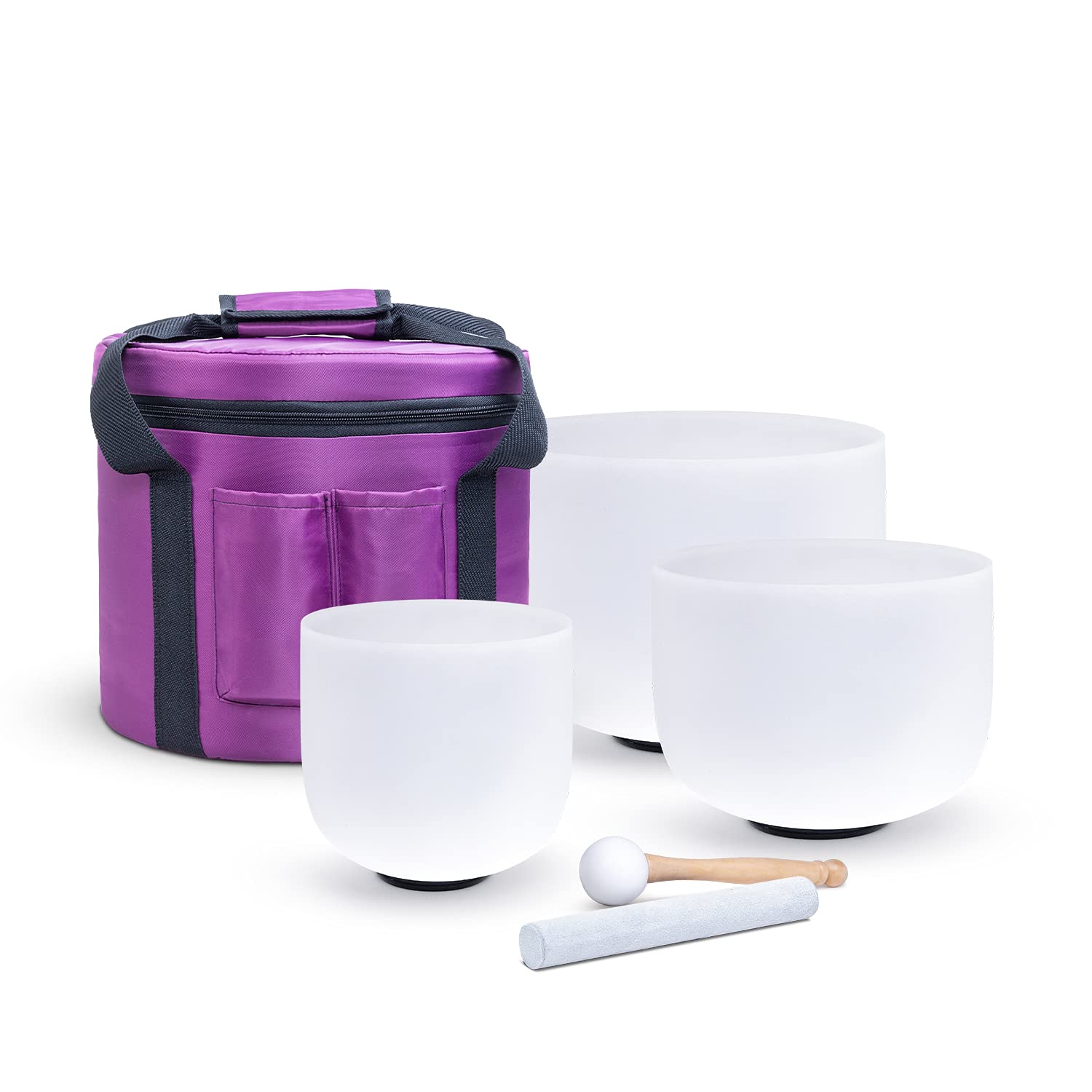KVKA Set of 3pcs Chakra Frosted Quartz Crystal Singing Bowl 6-10 inch with case (10''F 8''G 6''B)