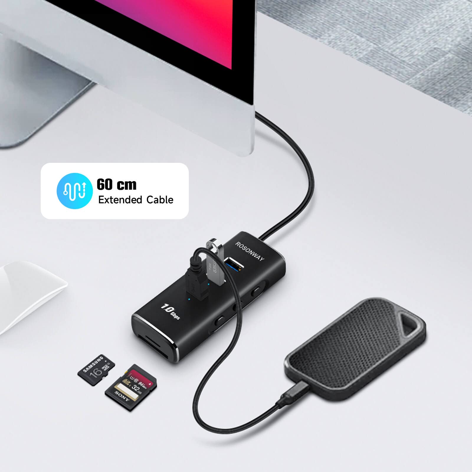 Rosonway 5 in 1 USB C Hub with 3 10Gbps USB 3.2 Data Ports, SD/TF Card Reader + Aluminum 4 Port Ultra Slim USB 3.0 Data Hub